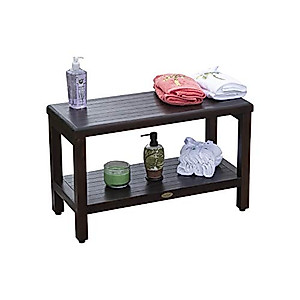 DecoTeak Eleganto Classic Shower Bench 30" Long Natural Teak Wood Armless Shower Stool with Shelf Open Back Wood Shower Bench in Woodland Brown Finish