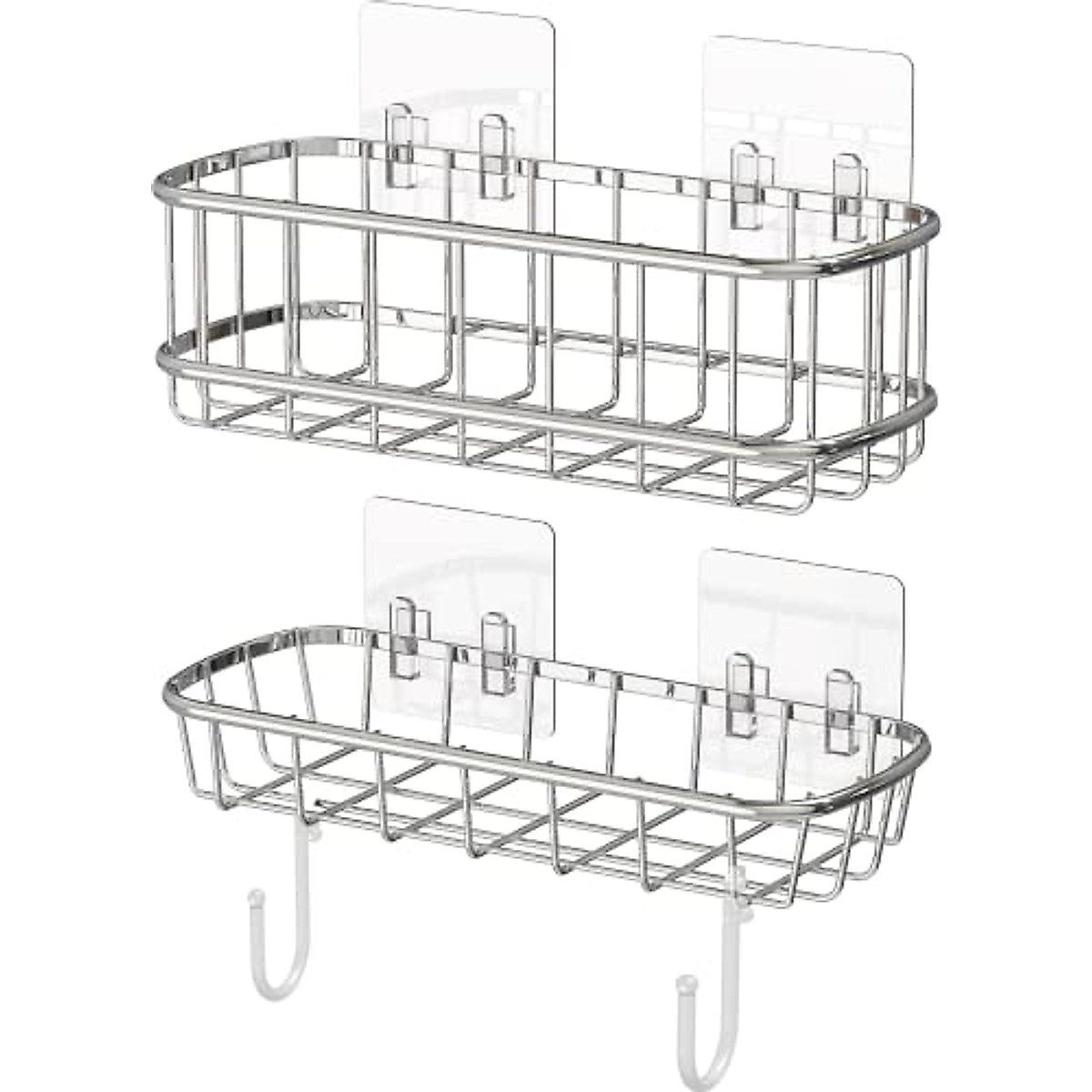 Simple Houseware 2-Tier Wall Mounted Adhesive Shower Caddy Shelf Organizer w/Hooks, Chrome