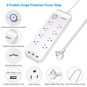 Surge Protector Power Strip - 8 Widely Outlets 3 USB Ports (1800J), 6ft Extension Cord with Flat Plug, Wall Mountable, Surge Overload Protection for TV Home Office, ETL Listed