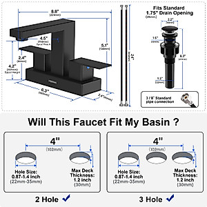 Matte Black Bathroom Sink Faucet, Hurran 4 inch Bathroom Faucets for Sink 3 Hole with Pop-up Drain and Supply Lines, Stainless Steel 2-Handle Faucet for Bathroom Sink Vanity RV Restroom