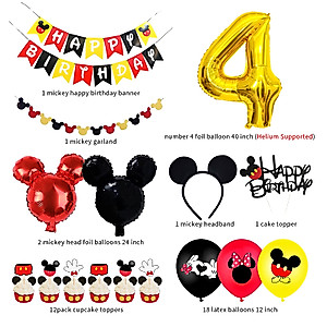 zrjssyp Mickey 4th Birthday Party Supplies, 4 Years Old Decorations for boys Three Decor Red Yellow Black Balloon Banner Number Foil Balloons Mouse Ears Headband Kids… (black 4th)