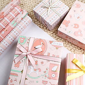 WRAPAHOLIC Baby Girl Wrapping Paper Roll - Cute Hobbyhorse and Baby Clothes Design Perfect for Celebration, Party, Baby Shower Present Packing - 4 Rolls - 30 inch X 120 inch Per Roll