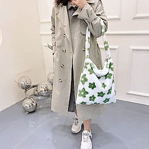 Fluffy Tote Bag Y2K Fuzzy Hobo Bag Purse Plush Furry Aesthetic Shoulder Bag for Autumn Winter (Green-Flower)