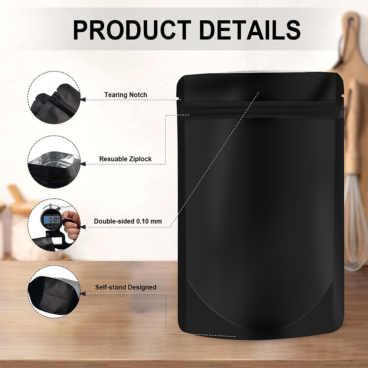 ODDIER 5.5"x7.8" 120pcs Mylar Bags for Food Storage,Smell Proof Bags Resealable Food Storage Bags for Small Business, Stand-up Foil Pouch Packaging Treat Snack Bags for Self Sealing(Black)