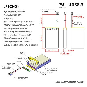 EEMB Lithium Polymer Battery 3.7V 2000mAh 103454 Lipo Rechargeable Battery Pack with Wire JST Connector for Speaker and Wireless Device- Confirm Device & Connector Polarity Before Purchase