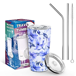 THILY Stainless Steel Tumbler Coffee Cup 20 oz Triple-Insulated Travel Mug with Splash-Proof Lid, for Ice Drinks and Hot Beverage Coffee Cup, Outdoor Gift for Women, Iridaceae