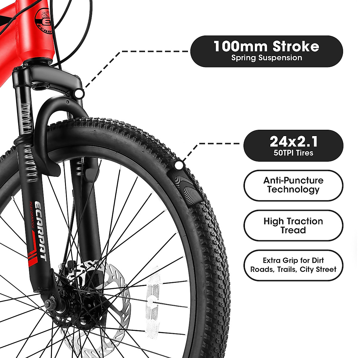 Ecarpat Mountain Bike 24 Inch Wheels, 21-Speed Trail Commuter City Mountain Bikes Aluminum Frame for Men Women Bicycles Disc Brakes Front Suspension