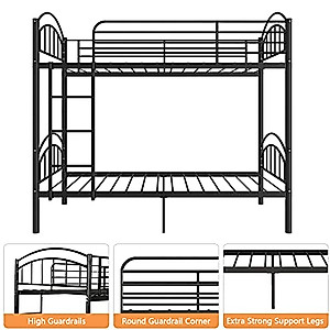 Alohappy Metal Bunk Beds Frame Twin Over Twin, Convertible Into 2 Individual Metal Bed Frame, Removable Ladder & Safety Guard Rail (Black)