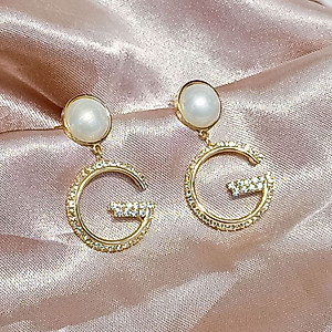G Initial Stud Earrings Pearl Letter Drop Earrings 14K Gold Plated 925 Sterling Silver Post Cubic Zirconia Earrings for Women Girls