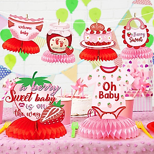VorkiVecKi Strawberry Baby Shower Decorations - Berry Sweet Honeycomb Centerpieces 9 Pieces Pink Berry Sweet Baby Shower Decorations Supplies for Girls Gender Announcement Party Table Decor