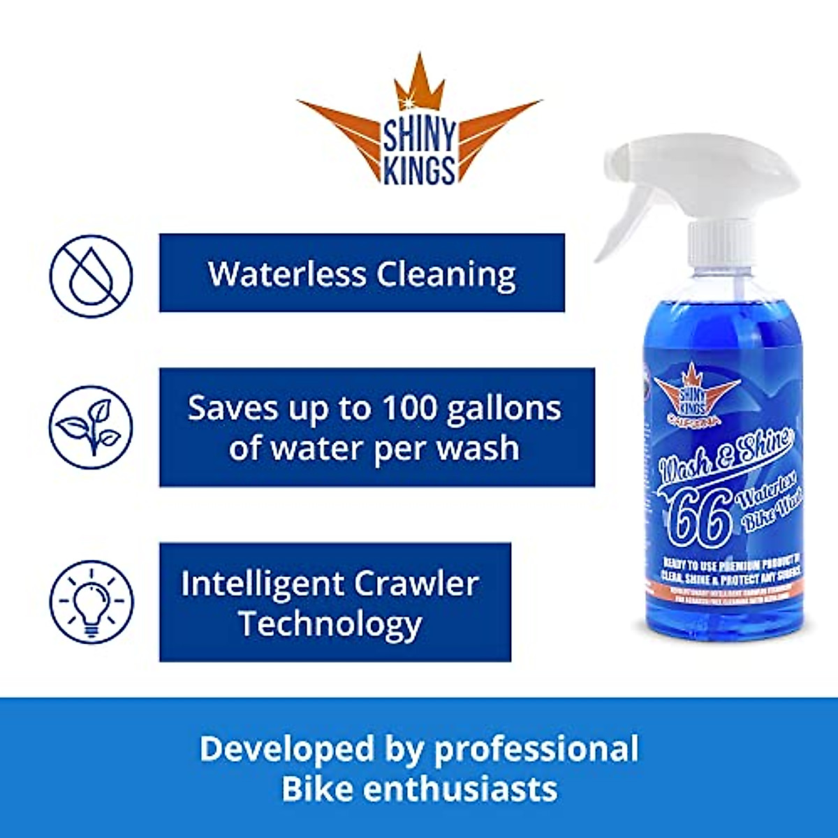 Shinykings Motorcycle Cleaner Wash&Shine 66 | WATERLESS Motorcycle Wash with Ultra Shine Effect | Powerful Detailing Spray for All Surfaces | Motorcycle Cleaning Kit | 16.9 fl.oz