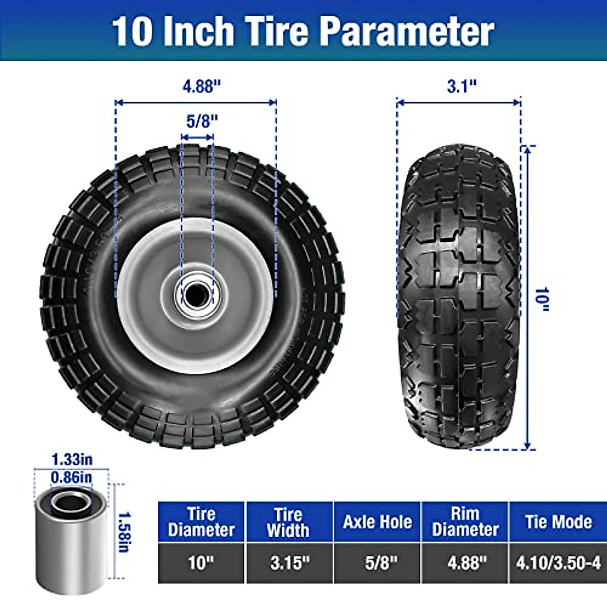4 Pcs 10" Flat Free Tires Solid Pneumatic Tires Wheels, 4.10/3.50-4 Air Less Tires with 5/8" Center Bearings, for Wheelbarrow/Dolly/Garden Wagon Carts/Hand Truck/Wheel Barrel/Lawn Mower, 4 Pack
