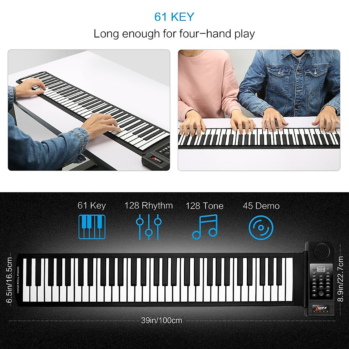 Lujex 61 Keys Double Speaker Roll Up Piano Upgraded Portable Rechargeable Electronic Hand Roll Piano With Environmental Silicone Piano Keyboard for Beginners (Black)