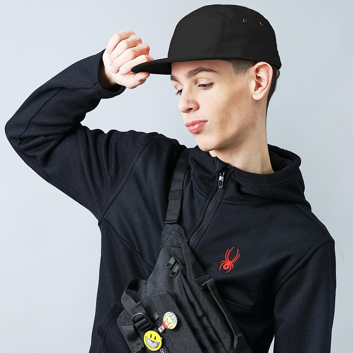 The Hat Depot Made in USA 5 Panel Genuine Leather Brass Closure Flat Brim Biker Cap (Black)