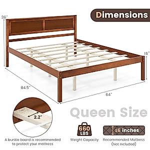 KOMFOTT Queen Size Wood Platform Bed Frame with Headboard, Solid Wood Bed Frame with Slat Support, 10-Leg Support, Under Bed Storage, 16” Mattress Foundation Bedroom Furniture, No Box Spring Needed