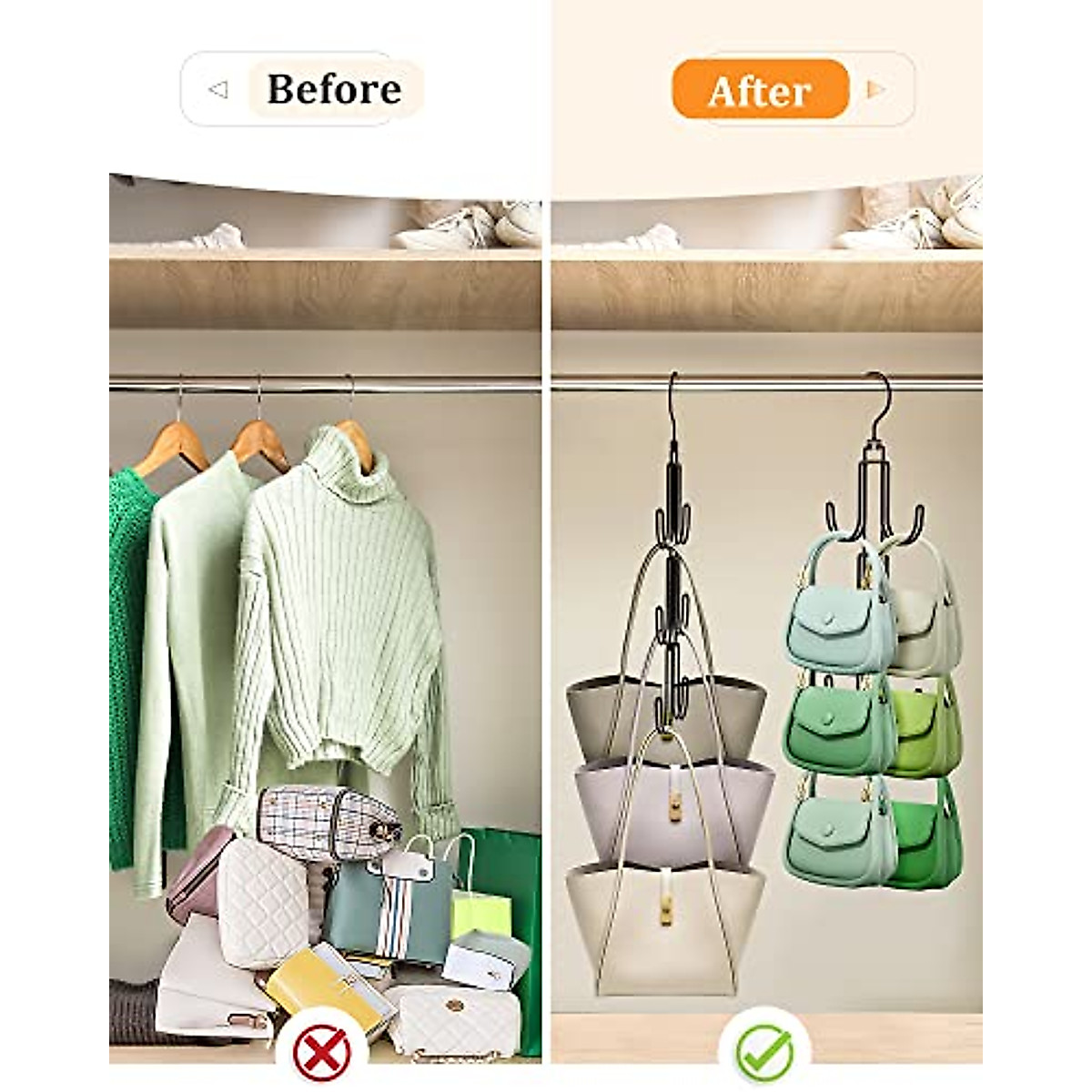 Purses Hanger Organizer for Closet 2 Pack, Myfolrena Metal Purse Holder for Closet Space Saving Bag Storage Hook for Hanging Handbags, Belts,Scarves,Tote,Hats,Clothes,Bags,Ties (Black)