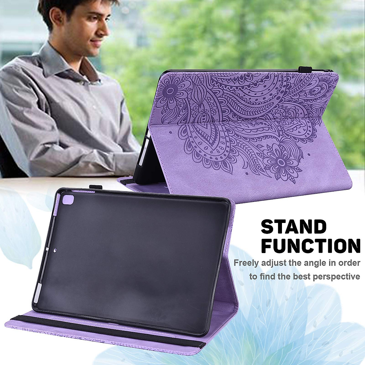 UUcovers for Kindle Fire HD 8 Case 8th/7th/6th Generation (2016/2017/2018) with Stand/Pencil Holder/Pockets [Embossed Pattern] PU Leather Folio Magnetic Wallet Shockproof Cover, Purple Peacock Flower