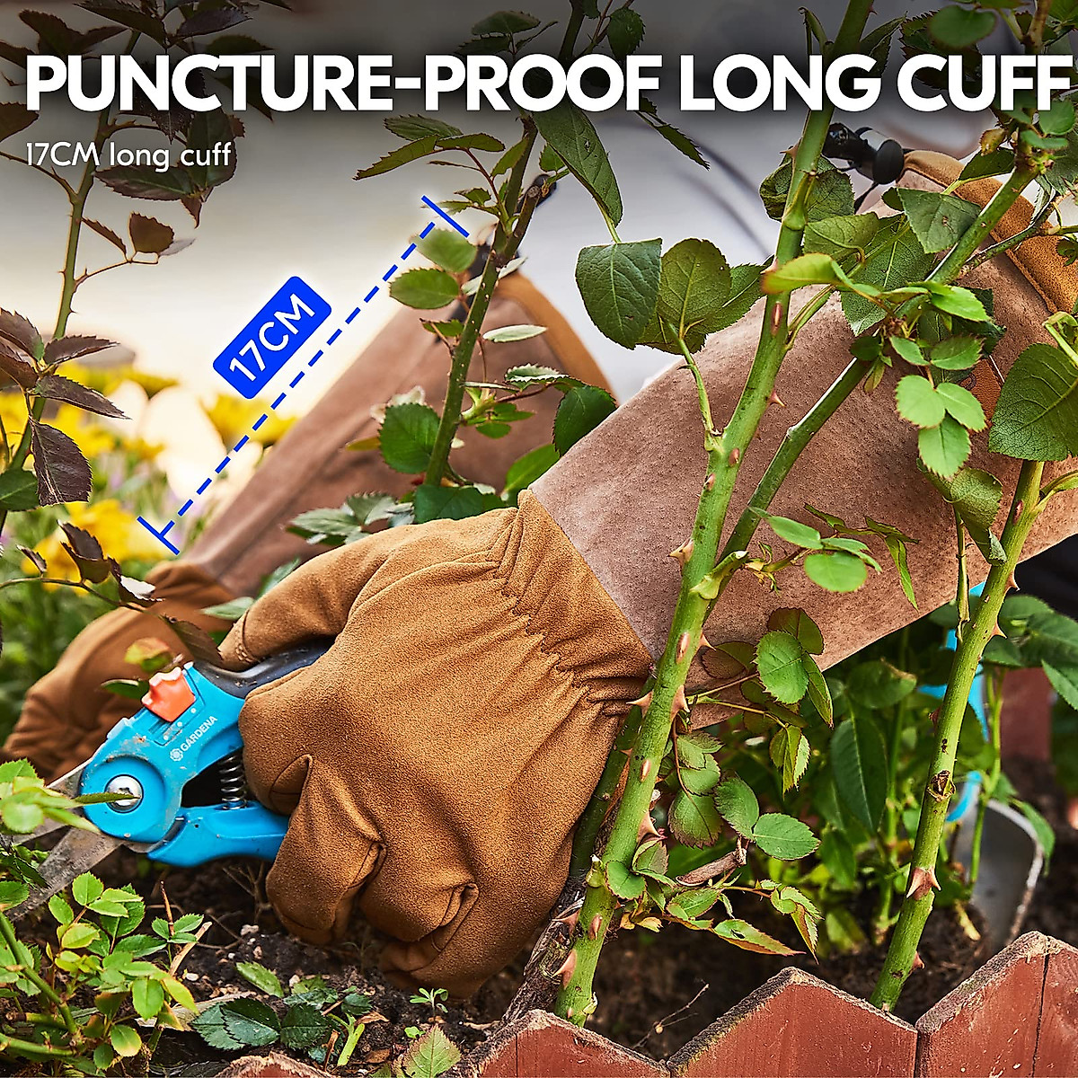 Vgo... Safety Work Gloves Men, Extended Pig Split Leather Cuff,Synthetic Leather, Rose Pruning Thorn Proof,Gardening(1 Pair,Size M, Brown,SL6592M)