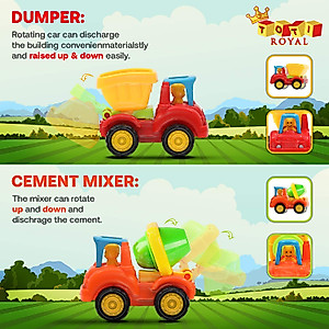 friction Powered Cars Push and Go Construction Vehicles Toy Set of 4 Cartoon Bulldozer, Tractor, Cement Mixer, Dump Truck - w/Bonus Mesh Bag Toddler/Baby-Friendly for Boys and Girls Ages 1-5 Kids Gift
