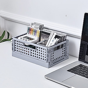 Klyuqoz Pastel Crates, 3 Pack Storage Crates Plastic Stackable, Large Size (9.5 X 6.3 X 3.9 in), Desktop Storage Crates, Folding for Home Kitchen Bedroom Office.Blue, Gray, White