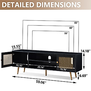 JYED DECOR Mid Century Modern TV Stand for 65 inch TV, Entertainment Center with Storage, Metal Mesh Decorated Cabinet Doors for Living Room, Black