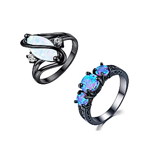 2 Pcs Black Gun Plated White Opal Ring Round Shape, Luxurious Ring for Women Bohemian Vintage Retro Jewelry, Crystal Birthstone Rings,Sizes 6 to 10 (Ring size 6)