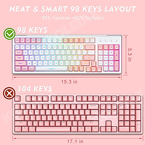 GK98 Wireless Gaming Keyboard,2.4G Rechargeable RGB White Backlit Ergonomic 98 keys Mechanical Feeling Dual Color Keyboard for Office Windows Mac PC Xbox PS4 Gamer(WhitePink)