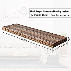 WELLAND 12" Deep Wall Shelves, Floating Wall Shelf Large Floating Shelves, 47.24" L x 11.81" D x 2" T, Deeper Than Others, Retro