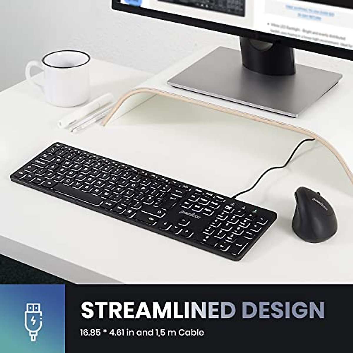 Perixx PERIBOARD-331 Wired Backlit USB Keyboard, Slim Design with Big Font Keys, White Illuminated LED, US English Layout