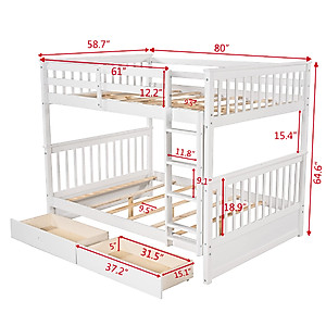 Harper & Bright Designs Full Over Full Bunk Bed with Drawers, Full Size Bunk Bed, Solid Wood Bunk Bed Frame with Ladders & 2 Storage Drawers, Bedroom Furniture (White, Full/Full with Drawers)