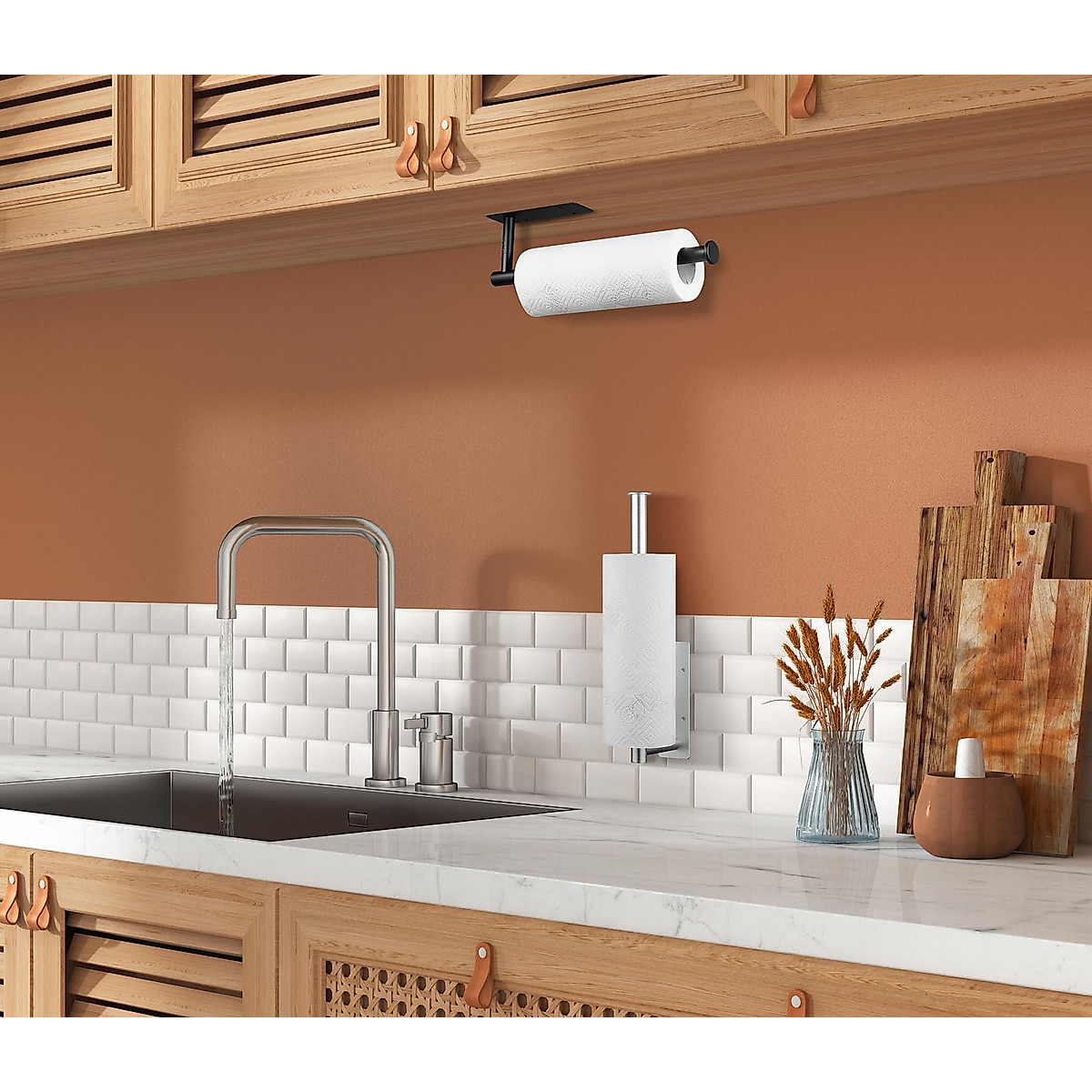 Paper Towel Holder Under Cabinet, Black Drilling or Self Adhesive Paper Towel Holder, Paper Towel Roll Rack, SUS304 Stainless Steel Under Counter Paper Towel Holder for Kitchen, Pantry, Sink, Bathroom