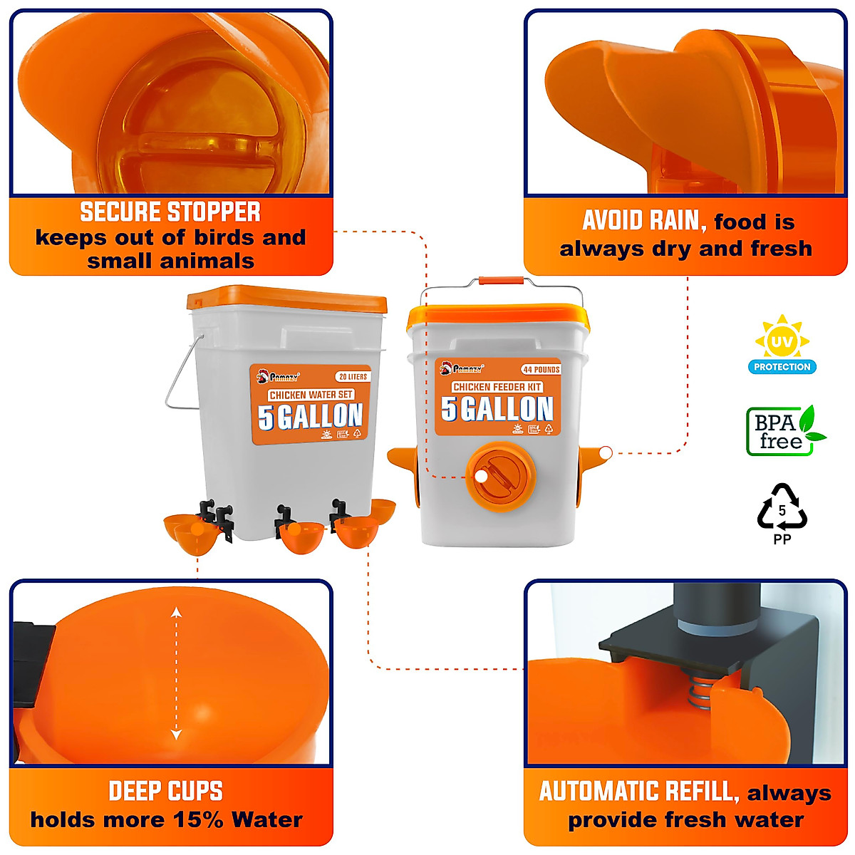 PAMAZY 5-Gallon/44 Pounds Automatic Chicken Feeder &Waterer Set2 Buckets),Chicken PortWater Cup NoWaste,Rain Proof Poultry Feeder,Avoid Small Animals. Suitable for Chicken,Duck,Turkey,Grey,OrangeCKF)