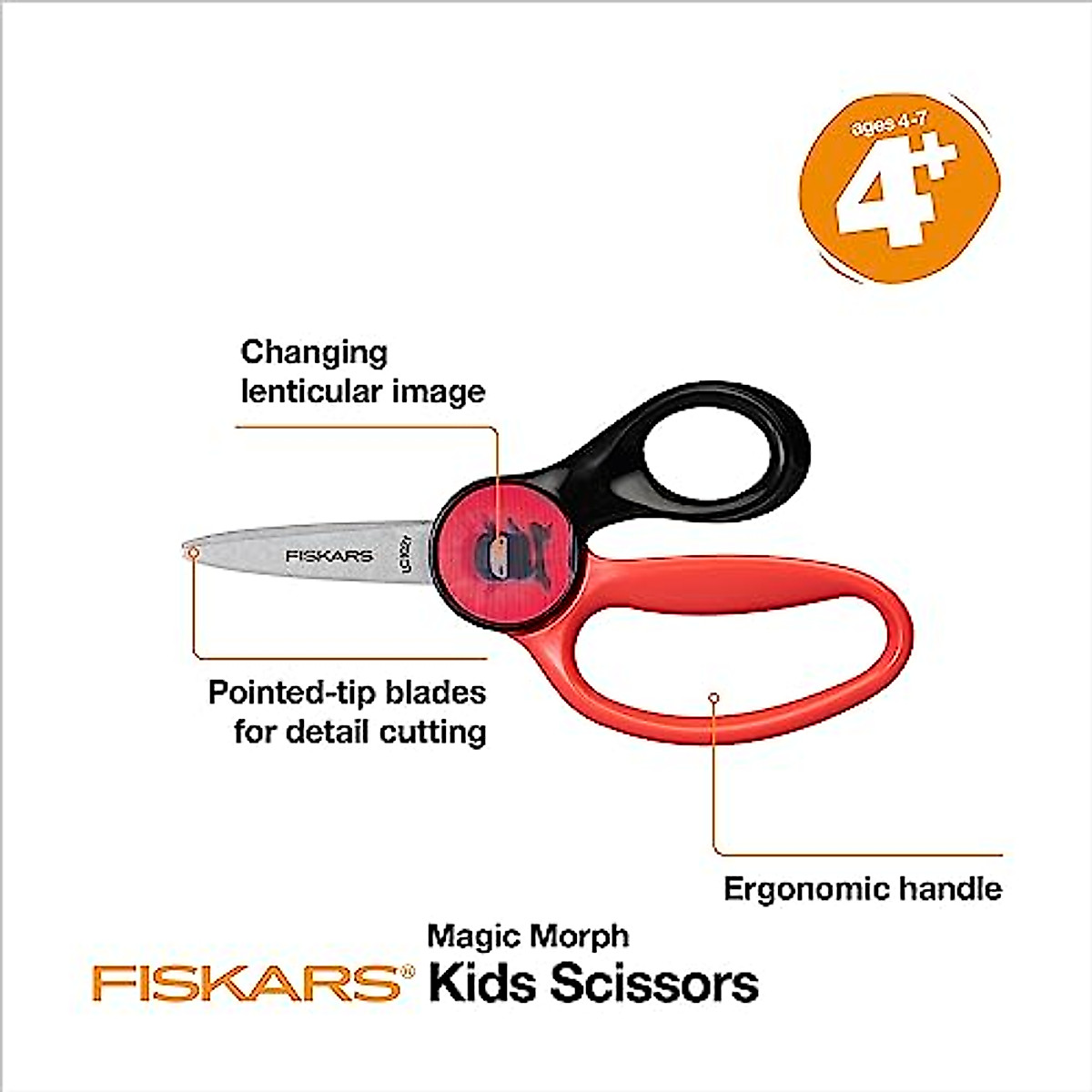FISKARS® Magic Morph Kids Scissors - Image Moves when Tilted - Pointed-tip for Ages 4+ - Fun Ninja Design - Back to School Supplies