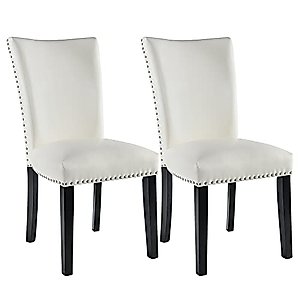 LEEMTORIG Parsons Chairs Faux Leather Dining Chairs Set of 2, Upholstered Mid Century Modern Kitchen Chairs with Nail-Head Trim, Ivory White CY-2258-WT