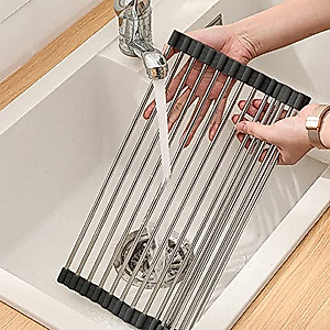 MGahyi Roll Up Dish Drying Rack, Over The Sink Drying Rack, Multipurpose 304 Stainless Steel Silicone Wrapped Steel Roll-Up , Folding Dish Rack for Kitchen Sink （Black, 17.3" x 13" ）