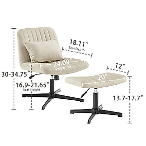 Art Leon Criss Cross Chair - with Ottoman and Pillow, Armless Office Desk Chair No Wheels, Modern Swivel Height Adjustable Mid Back Wide Seat Computer Task Vanity Chair for Home Office, Off White