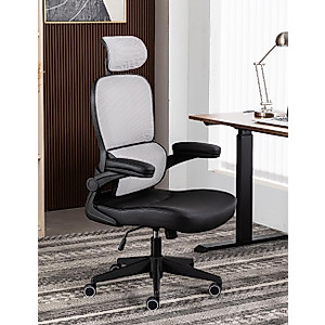 Ergonomic Mesh Office Chair High Back Desk Chair for Big and Tall People Adjustable Headrest with 2D Armrest Lumbar Support and PU Wheels Swivel Tilt Function Black (Black/Grey with Nylon Base)