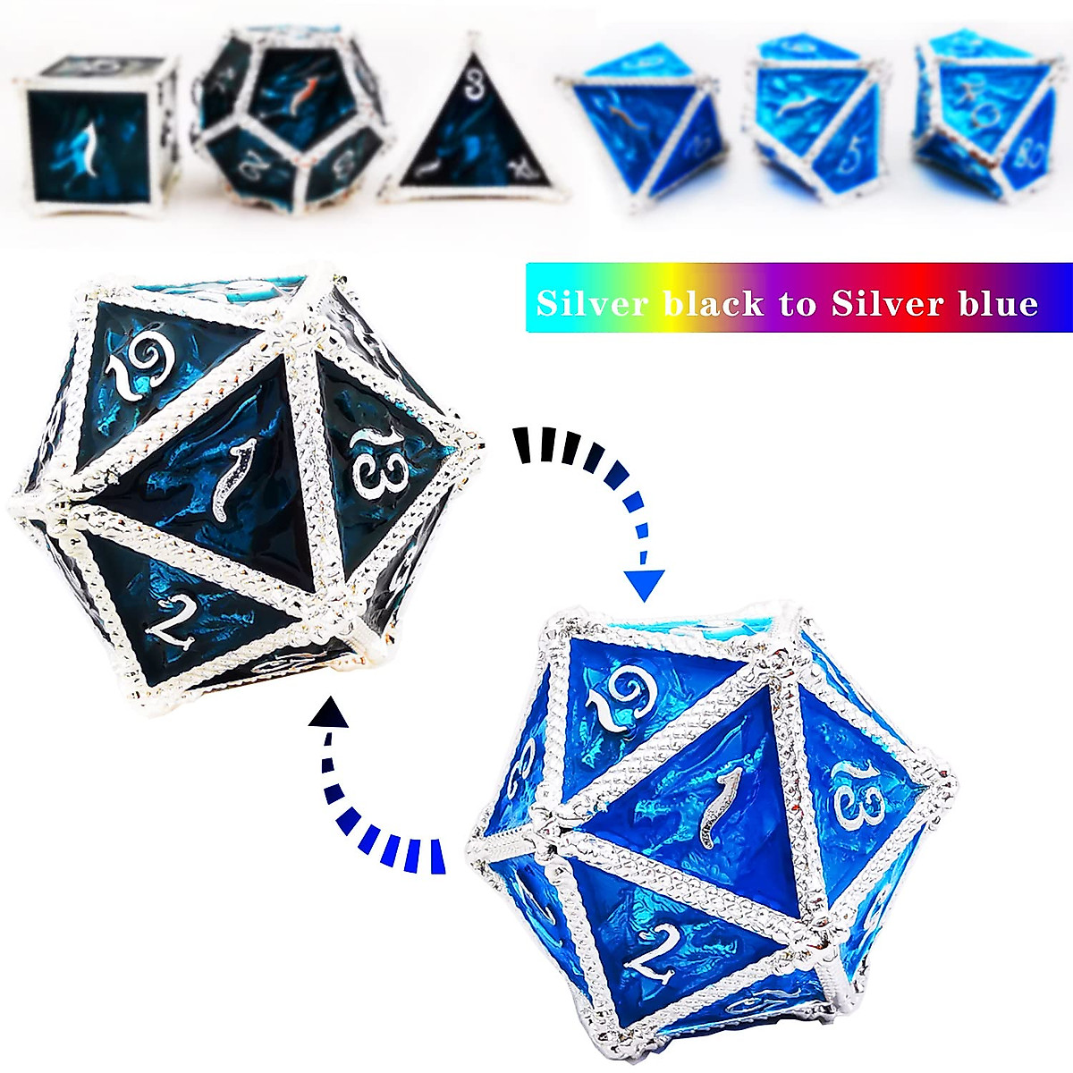 MJDICEOK Color Changing dice Metal Dragons dice DND dice Set D&D dice Set Role Playing dice Apply to Dungeons and Dragons (Black to Blue)