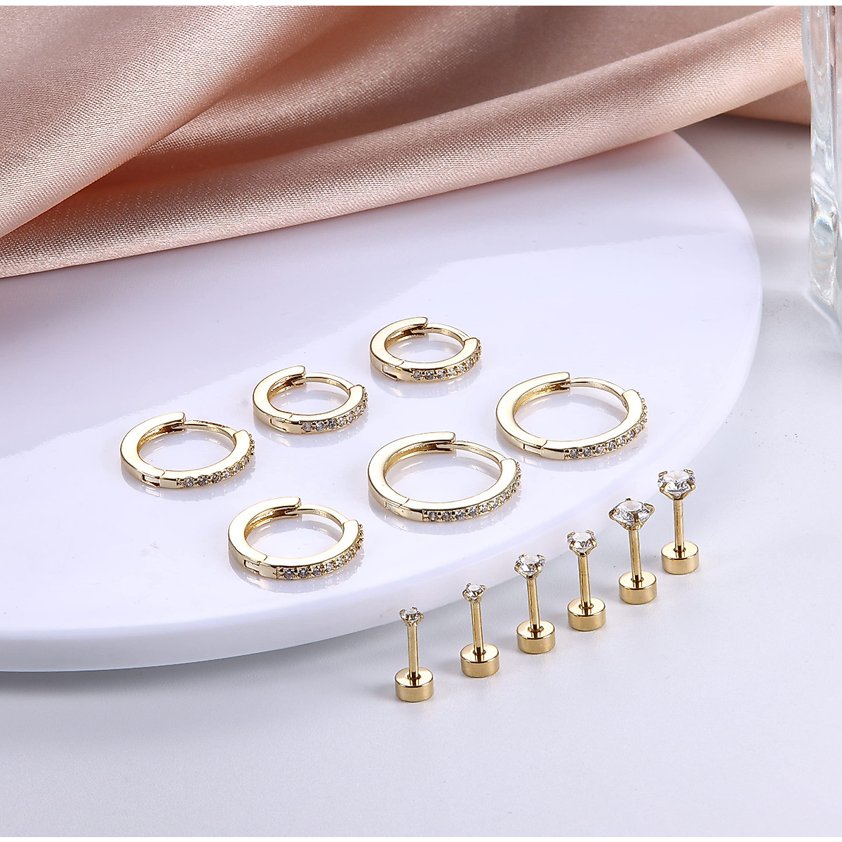 FASACCO 14K 8/10/12MM Flat Back Cartilage Earring Set for Multiple Piercing Tiny Cartilage Hoop Earrings Gold Dainty Flatback Cartilage Stud