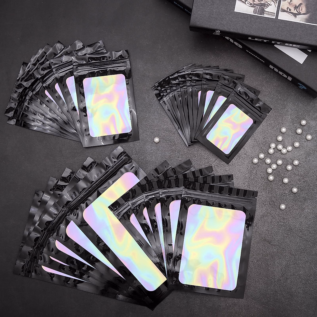 Ruiqiger 150 PCS Resealable Smell Proof Mylar Bags Food Storage Ziplock Holographic Bag Packaging Pouch Black With Window for Coffee,Electronics