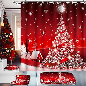 Poedist 4 Pcs Christmas Bathroom Decor Set,Christmas Shower Curtain Sets, Xmas Shower Curtain Sets with Rugs(Bath Mat,U Shape and Toilet Lid Cover Mat) and 12 Hooks,Christmas Tree