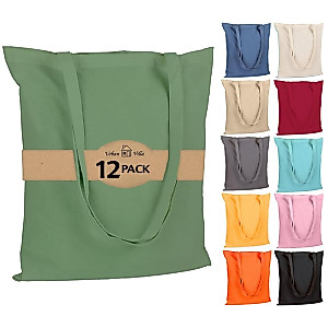 Urban Villa 12 Pack Reusable Grocery Bags 15’’x16’’ with 27’’ long Handle Green Color 100% Cotton Tote Bags Medium Weight Grocery Shopping Cloth Bags Great Choice for Promotion Gift DIY Advertising
