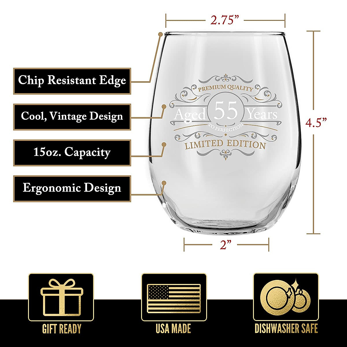 DU VINO Vintage Edition 55th Birthday Stemless Wine Glass for Men and Women (55th Anniversary) 15 oz | Happy Birthday Wine Glasses for 55 Year Old | Classic Birthday Gift, Reunion Gift for Him or Her