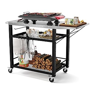 LUE BONA 43.3" W x 19.7" D Outdoor Grill Cart Table with Foldable Side Table, Movable Pizza Oven Stand for Outside Patio, Three-Shelf Stainless Steel Flattop Outdoor Cooking Prep Table with Wheels