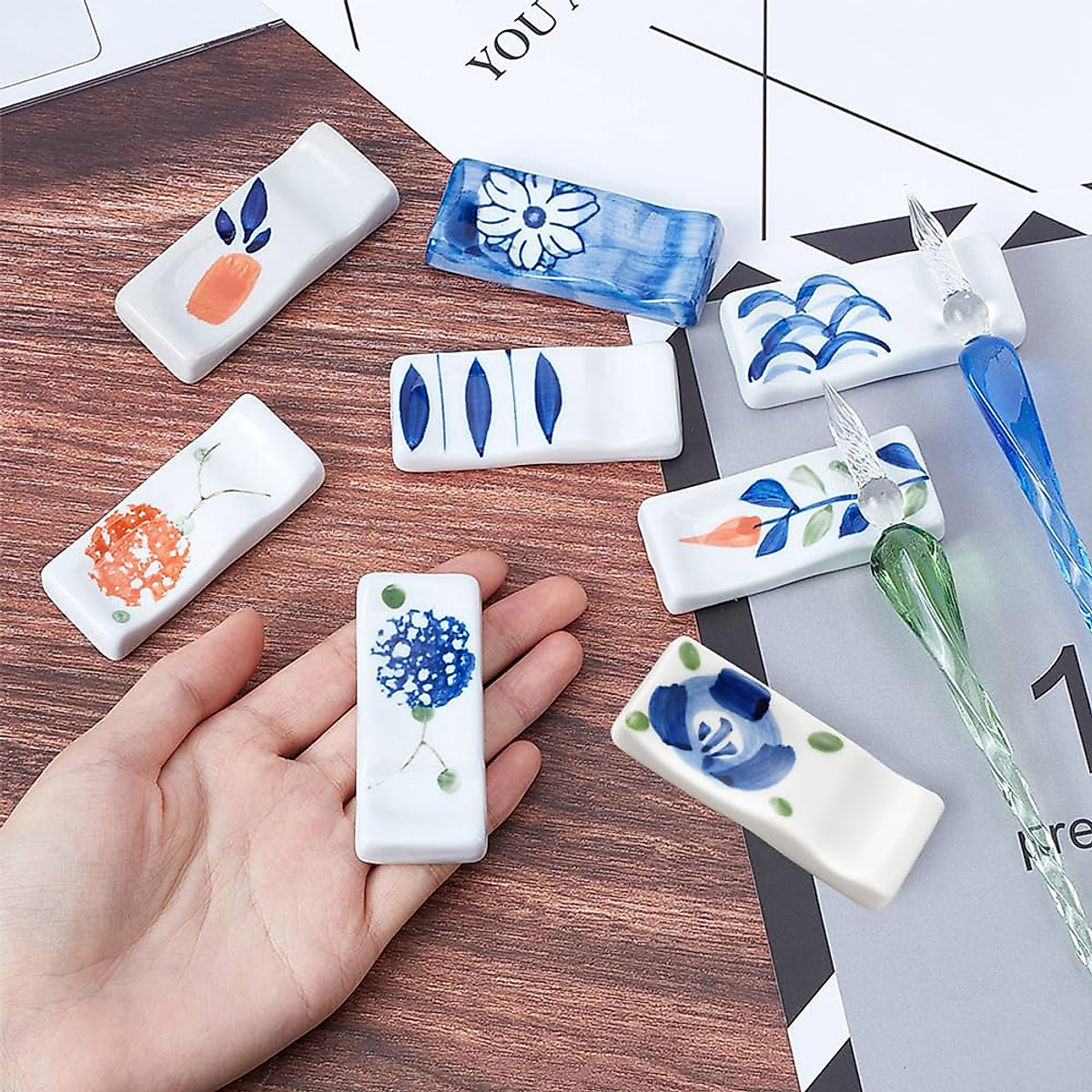 CRASPIRE 8pcs Ceramic Chopsticks Rest Rack Hand Painted Japanese Chopstick Rests & Holders Floral Chopstick Stand Rest Set Festive Tableware Ornament for Spoon Fork Porcelain Dip Pen Holder