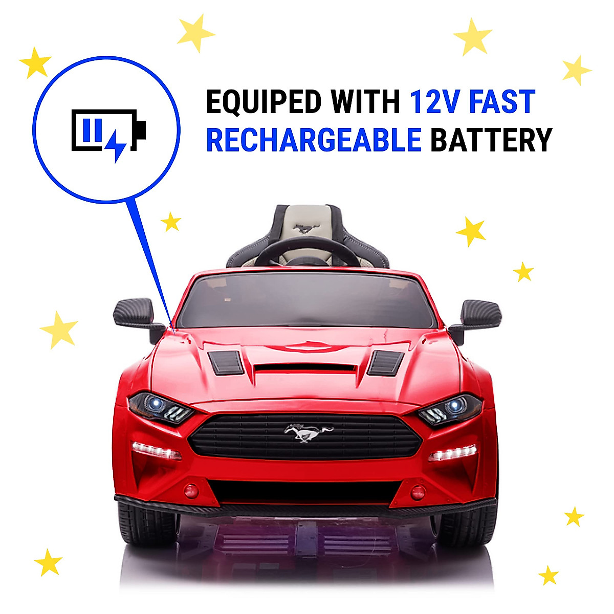 Ford Mustang 24V Ride On Kids Car 4WD Powerful Electric Vehicle, with Rubber Wheels, Bluetooth, FM Radio, Remote Control, Leather Seat, Soft Brake & Suspension, Max Speed 6 Mph