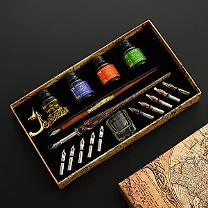 Fountain Pen Set - Calligraphy Pen Set Includes Wooden & Glass Pen - Ink & Pen Nibs