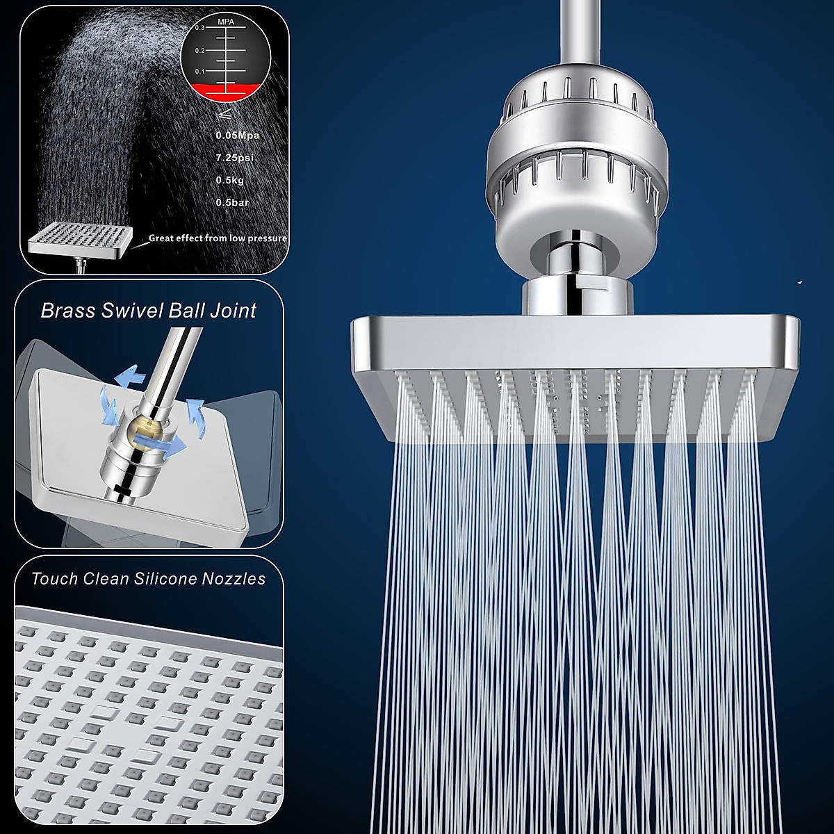 Voolan Filtered Shower Head, High Pressure Rain Shower with Handheld Shower Filter Combo with Self-adhesive Holder/59" Hose -1 Replaceable Filter Cartridge (Chrome)