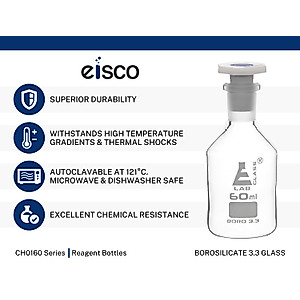 EISCO 250mL (8.4oz) Glass Reagent Bottle with Acid Proof Polypropylene Stopper, Borosilicate 3.3 Glass Labs