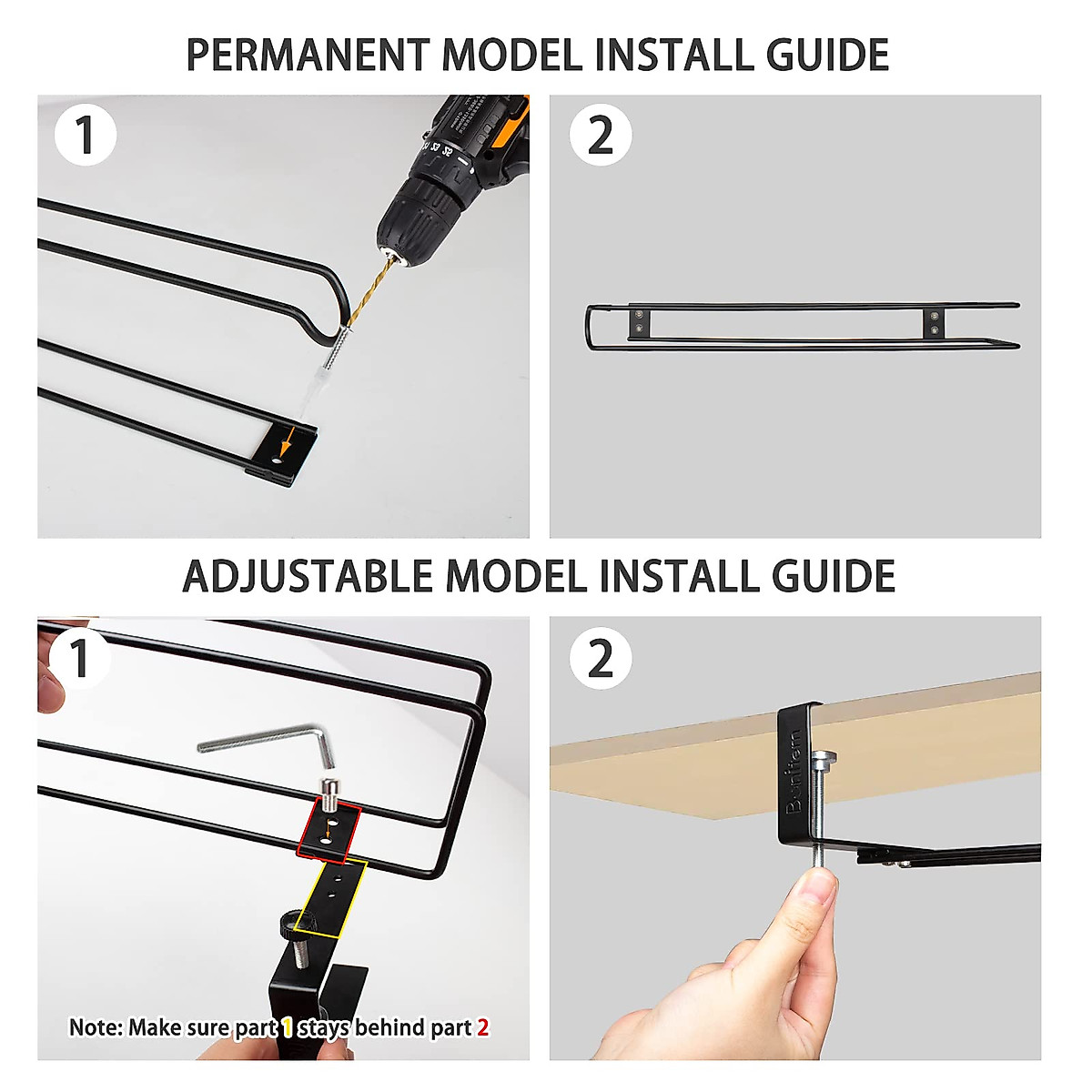 Benitem Adjustable Paper Towel Holder Under Kitchen Cabinet/ Wall Mount, 2 Installation Options by Clamps or Screws Instead of Self Adhesive, Towels Rolls/ Rack/ Bulk/ Bar (Black) (PTH-WB)